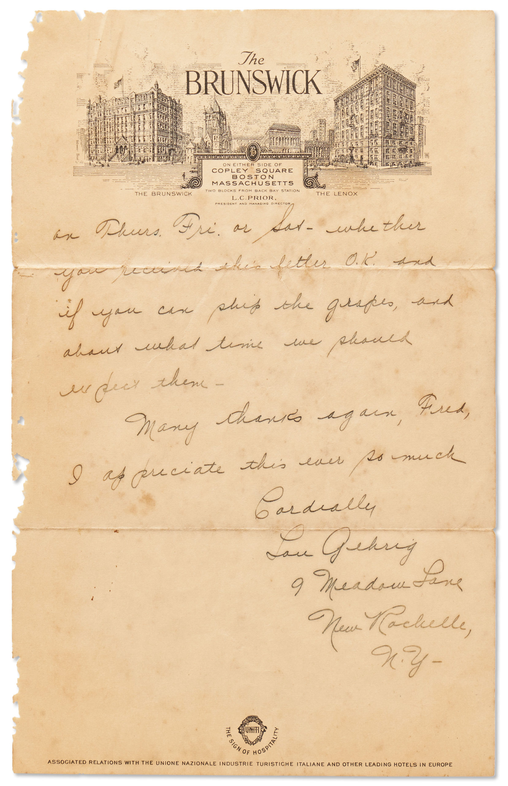 Gehrig's Grapes: Letters From HOFer To Grape Farmer Up for Auction