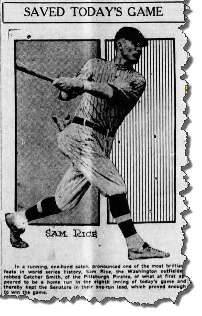 Sam Rice Hung On to Mystery of 1925 World Series Catch